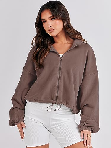 ANRABESS Jacket for Women Full Zip Oversized Fleece Crop Sherpa Coat Long Sleeve Drop Shoulder Stand Collar Drawstring Hem Soft Cozy Thick Trendy Winter Tops Outfits 1097qianzong-L