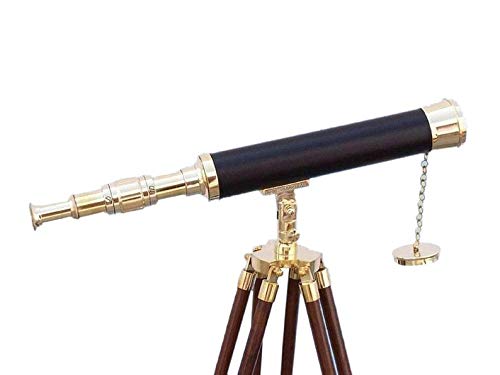 Hassanhandicrafts Antique Marine Spyglass 50" Brass Leather Harbor Master Tripod Floor Standing Telescope