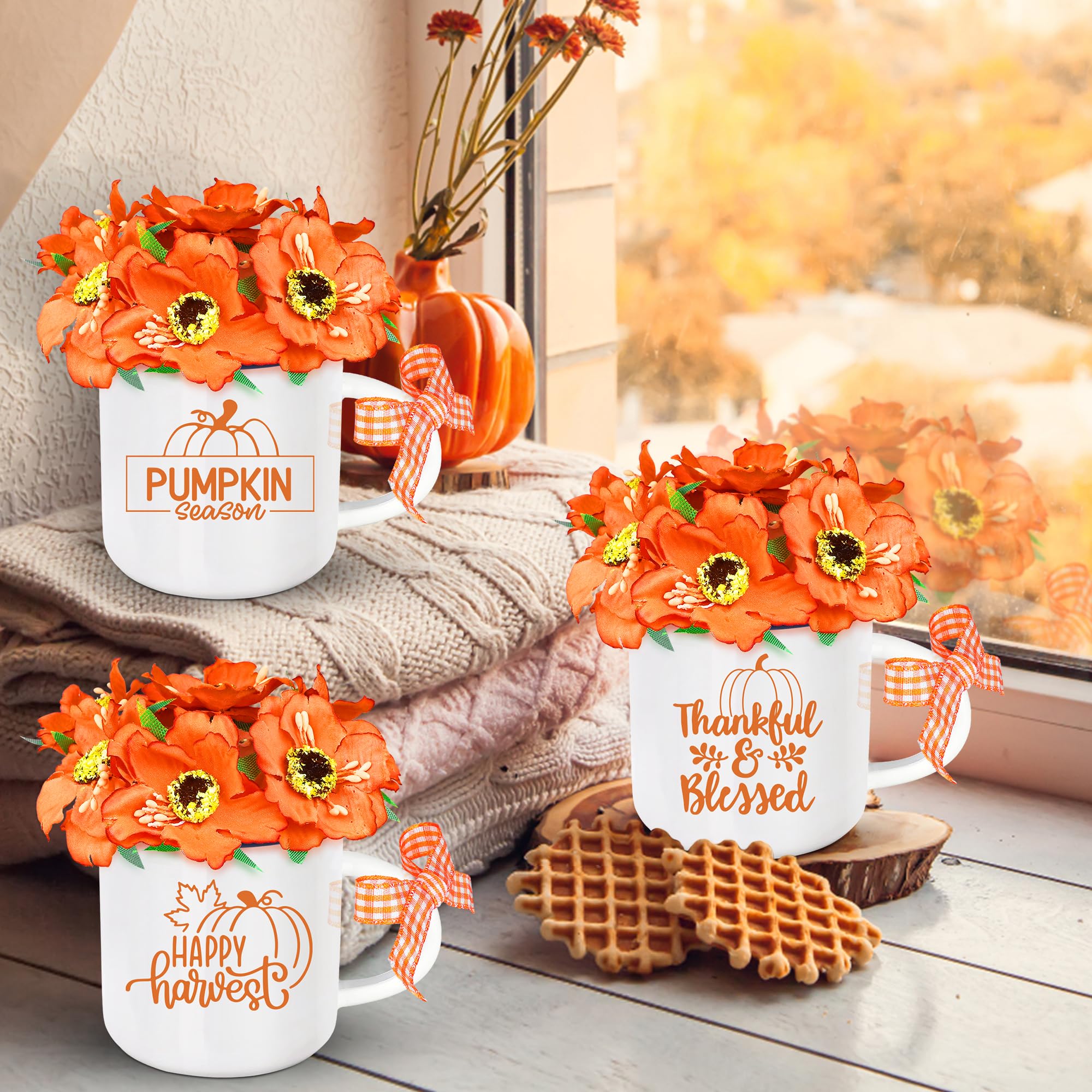 3PCS Mini Coffee Mug with Artificial Flowers for Fall/Thanksgiving Tiered Tray Decor - Autumn Pumpkin Ceramic Fall Decorations for Home Fall Decor Farmhouse Table Centerpiece Warming Gifts New Home