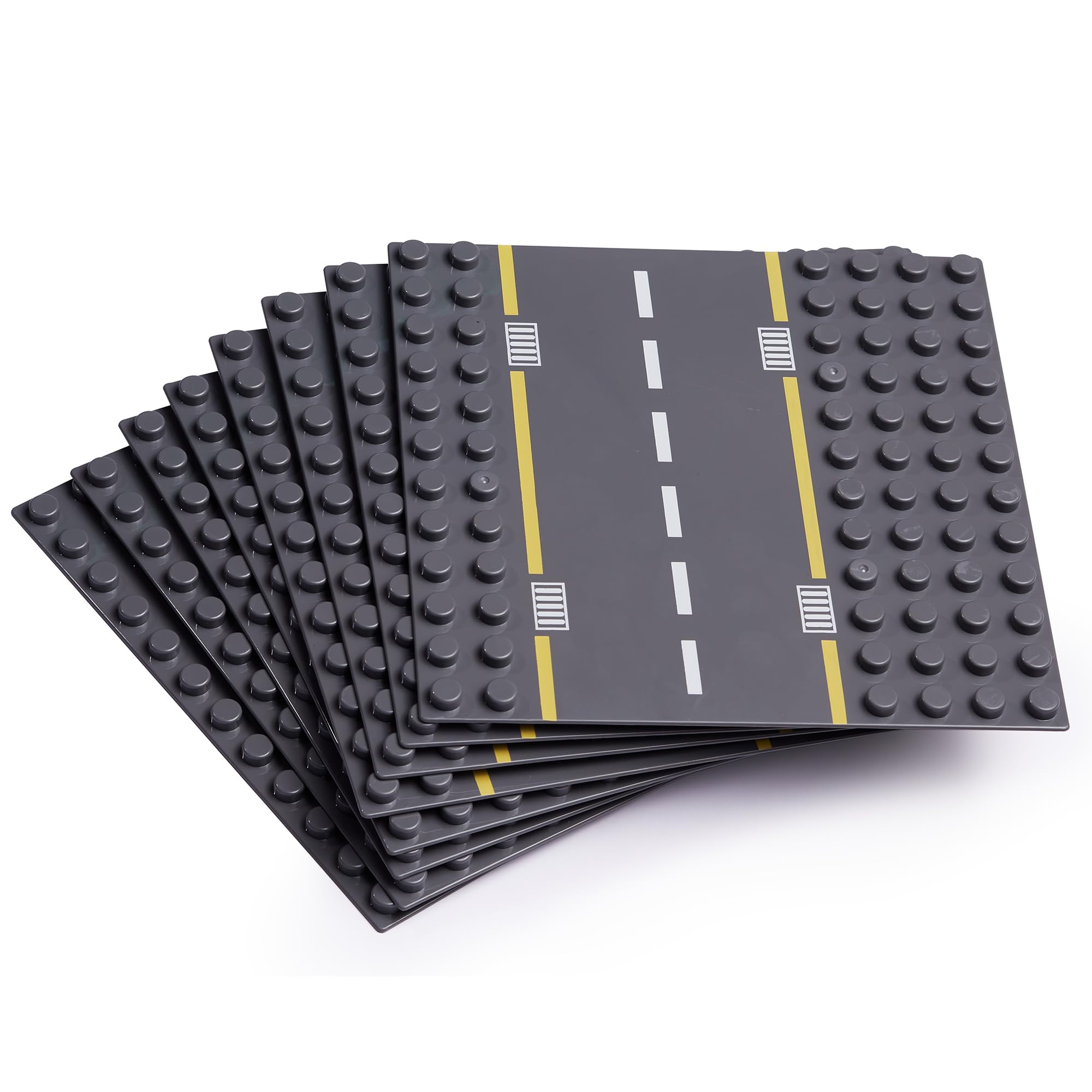 Apostrophe Games Large Building Blocks Road Base Plates Compatible with Large Building Blocks – 8Pcs Straight and Curved Road Construction Blocks – 7.5 x 7.5 Inch Street Baseplates, STEM Learning