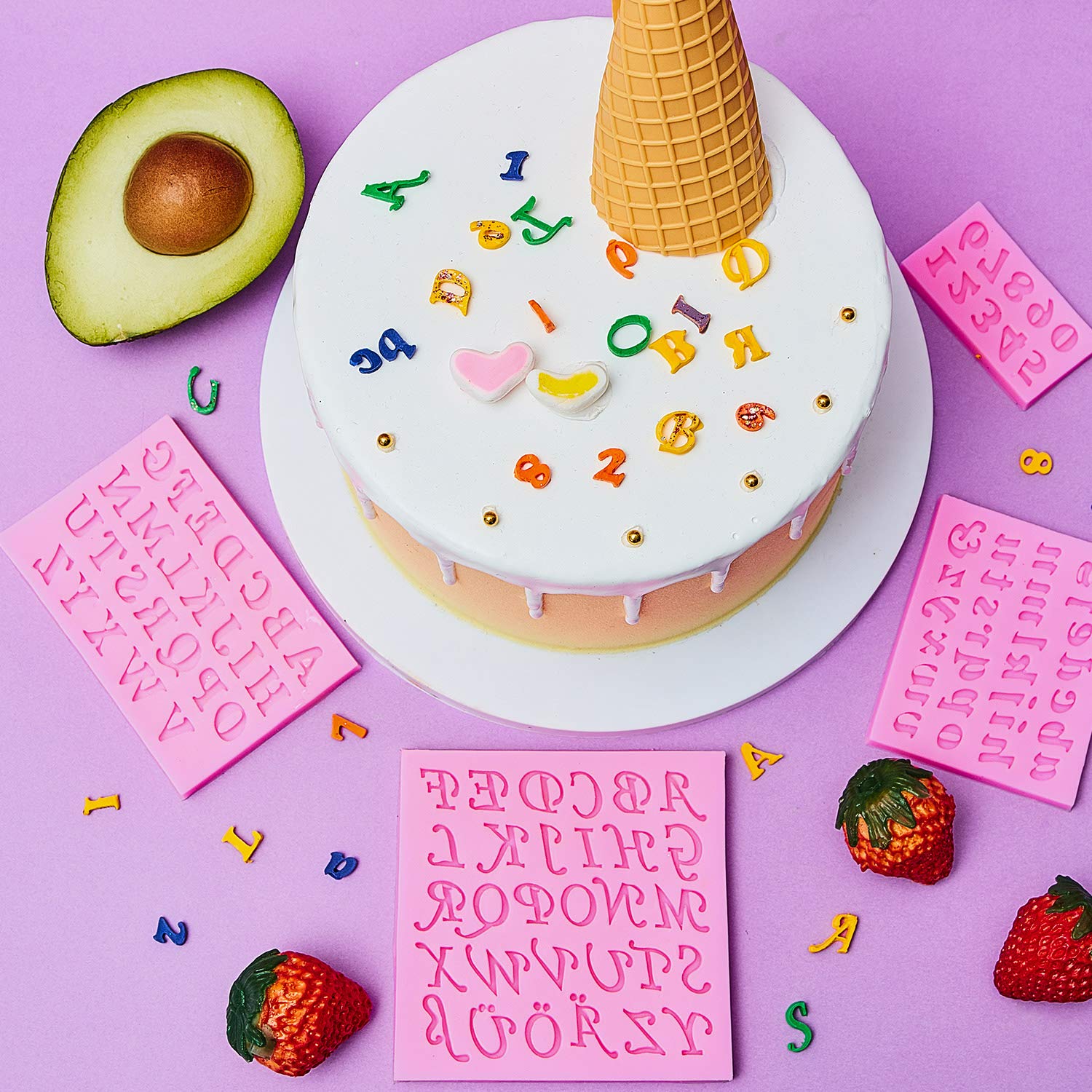 4 Pieces Christmas Letters Silicone Mold Number Silicone Mold Uppercase Letters Silicone Fondant Mold Lowercase Letters Chocolate Mold Handmade Soap Mold Biscuit Ice Cube Tray for Desserts (Pink)