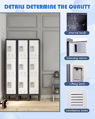 KAER 3 Doors Metal Locker,Lockable Storage Cabinet,Metal Lockers for Employees,Locker for School, Gym, Home, Office, Garage Storage Cabinet with Mirror Hook and Assembly Tool (Off-White, Unassembled)