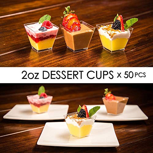 DLux 50 x 2oz Square Mini Dessert Cups with Spoons, Clear Plastic Parfait Appetizer Cup - Small Reusable Serving Bowl for Tasting Party Desserts Appetizers - With Recipe Ebook