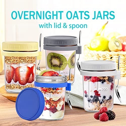 Alitake Overnight Oats Container with Lid and Spoon - 16 oz Glass Overnight Oats Jars with Measurement Mark - 4 Pcs Portable Large Capacity Airtight Mason Jars for Overnight Oats, Cereal, Milk, Fruit