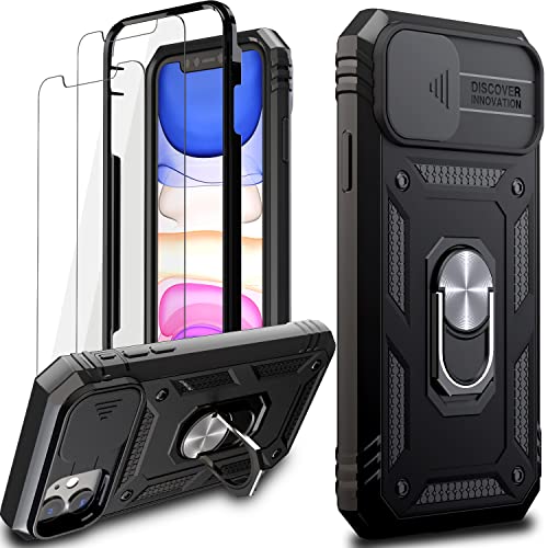 BOBOM [4 in 1 Armor Case for iPhone 11 Case with Screen Protector 2 Pack, Military-Grade Protective Case iPhone 11 with Camera Cover for Men Women, Built-in 360° Rotate Ring Stand Magnetic, Black