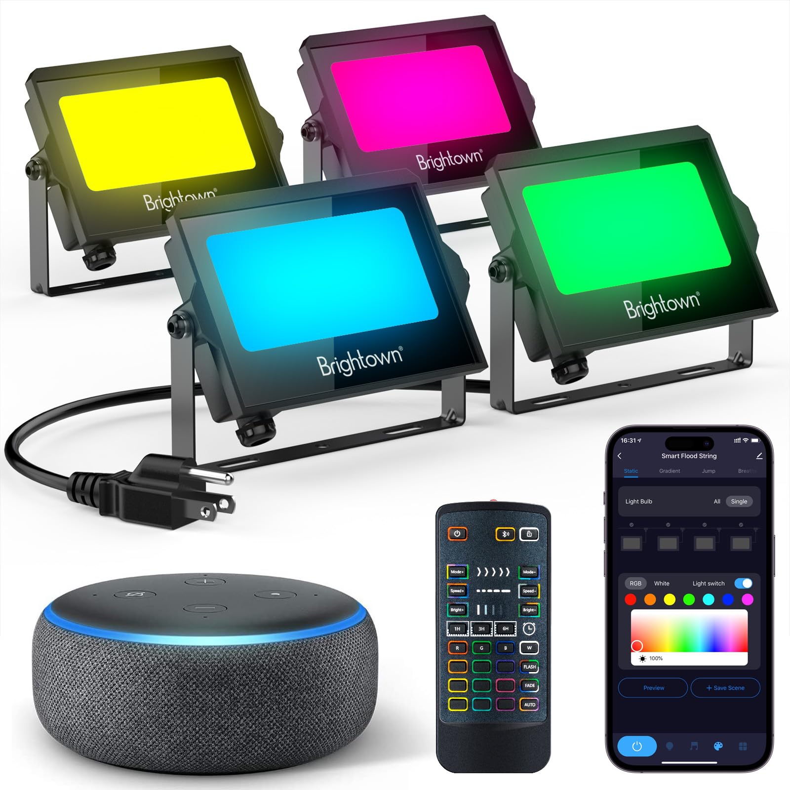 4 Pack RGB Led Flood Lights Outdoor 6000LM Smart Color Changing Landscape Lights with Bluetooth APP Control Timing WiFi, DIY Scenes, IP66 Floodlights for Event Halloween Party Lights