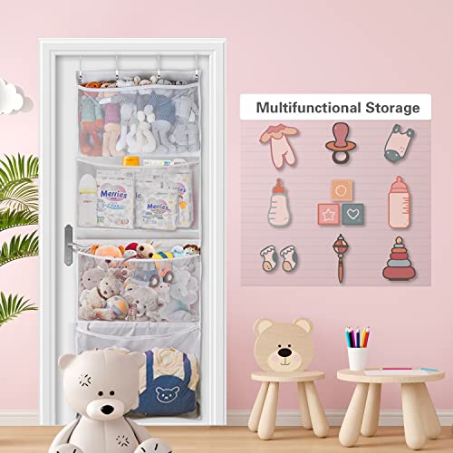 DBEES Stuffed Animal Storage, Large Capacity Over Door Stuffed Animal Organizer, 4 Expandable Mesh Net Pockets Breathable Hanging Plush toy storage, for Boys, Girls, Organizing Nursery, Bedroom