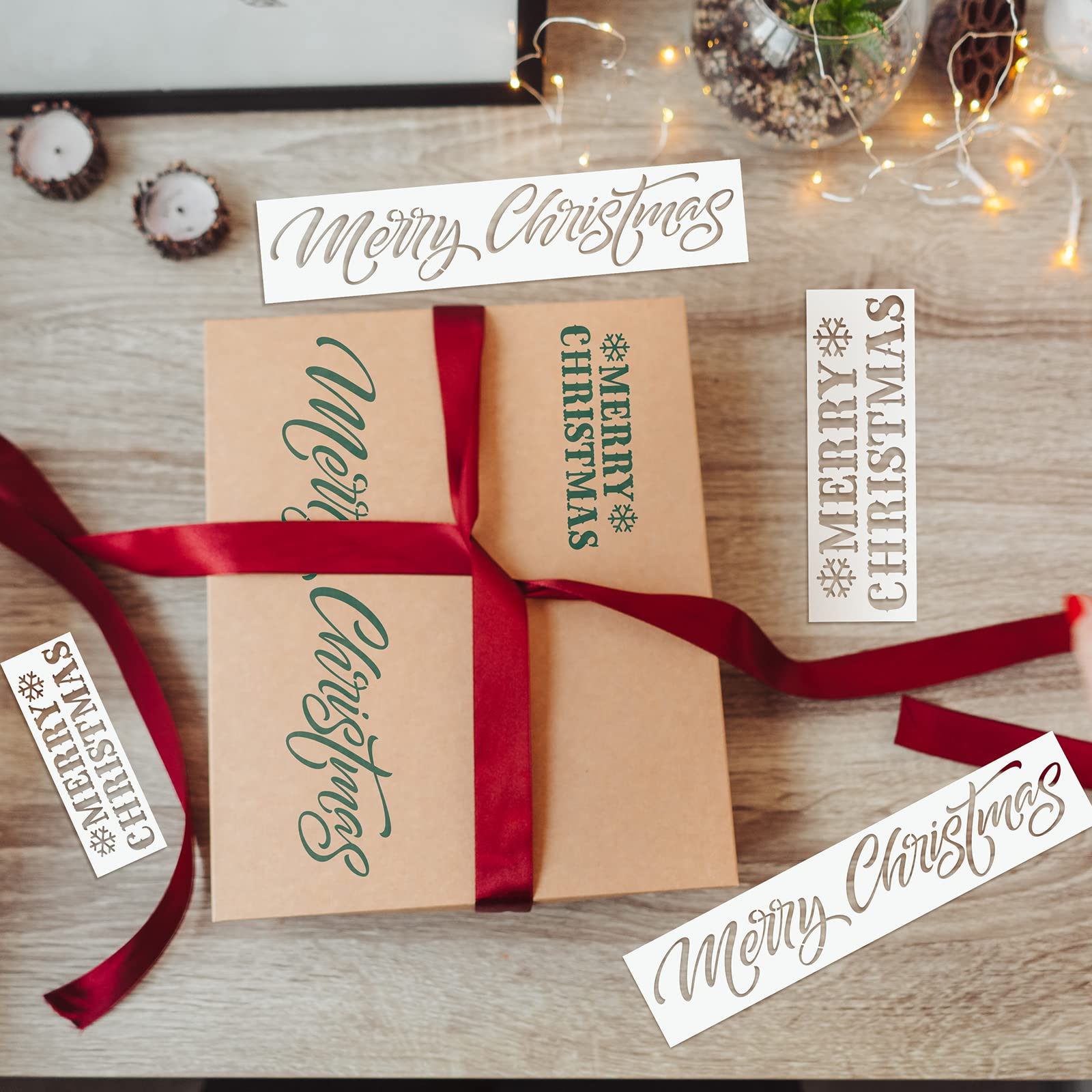 4 Pieces Merry Christmas Stencil Reusable Stencils for Painting Christmas Decoration Painting Template for Furniture, Wall, Window, Fabric, Wood,4 Different Sizes (Merry Christmas)