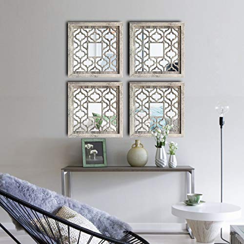 qmdecor Square Rustic Distressed White Framed Wall Decorative Mirror 12x12 inches Modern DIY Fashion MDF Wood Material Wall-Mounted Mirrors Set of 2 Pieces