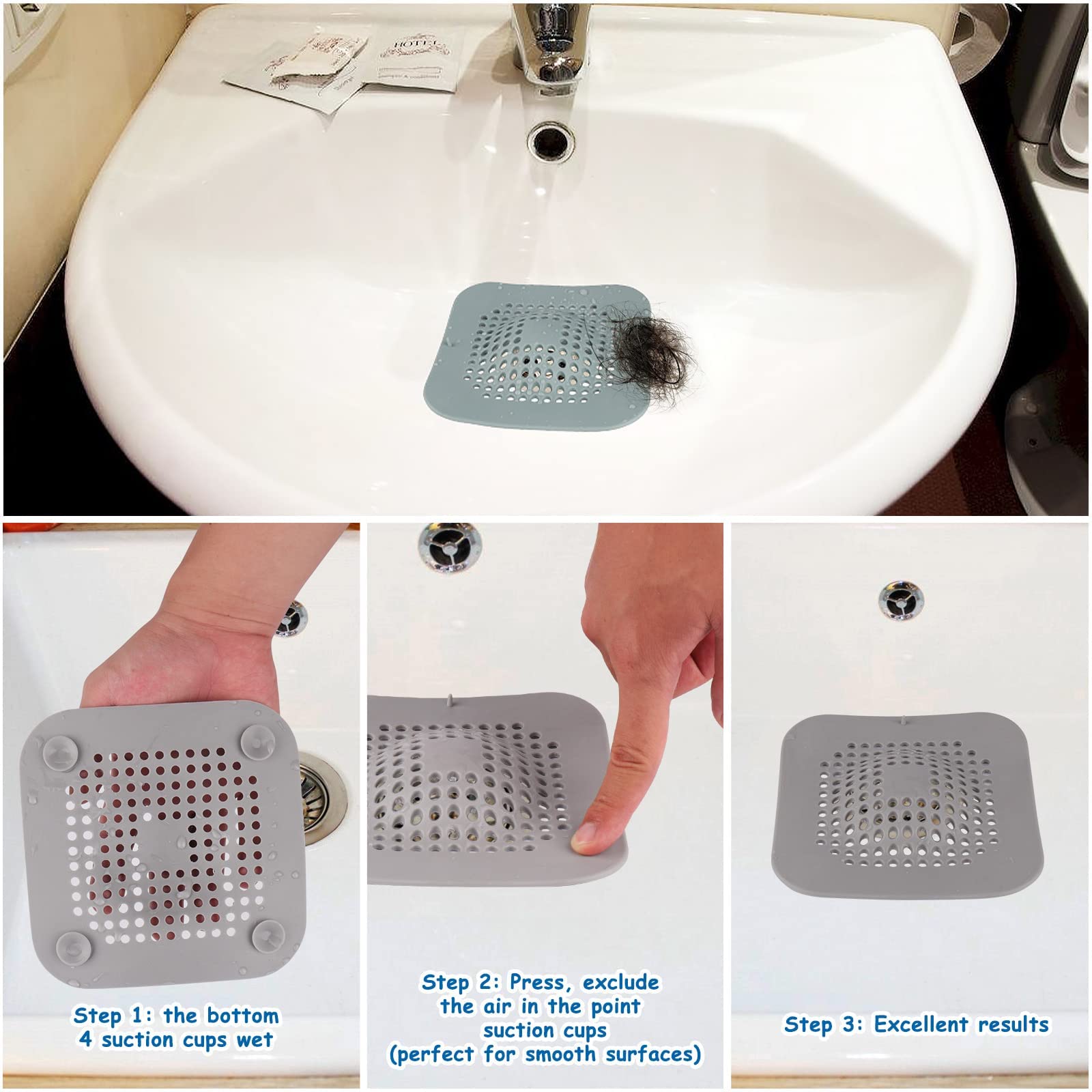 4 Pack Shower Drain Hair Catcher, Convex Silicone Hair Stopper for Shower Drain with Suction Cup, Square Bathtub Drain Cover for Bathroom, Bathtub, Kitchen
