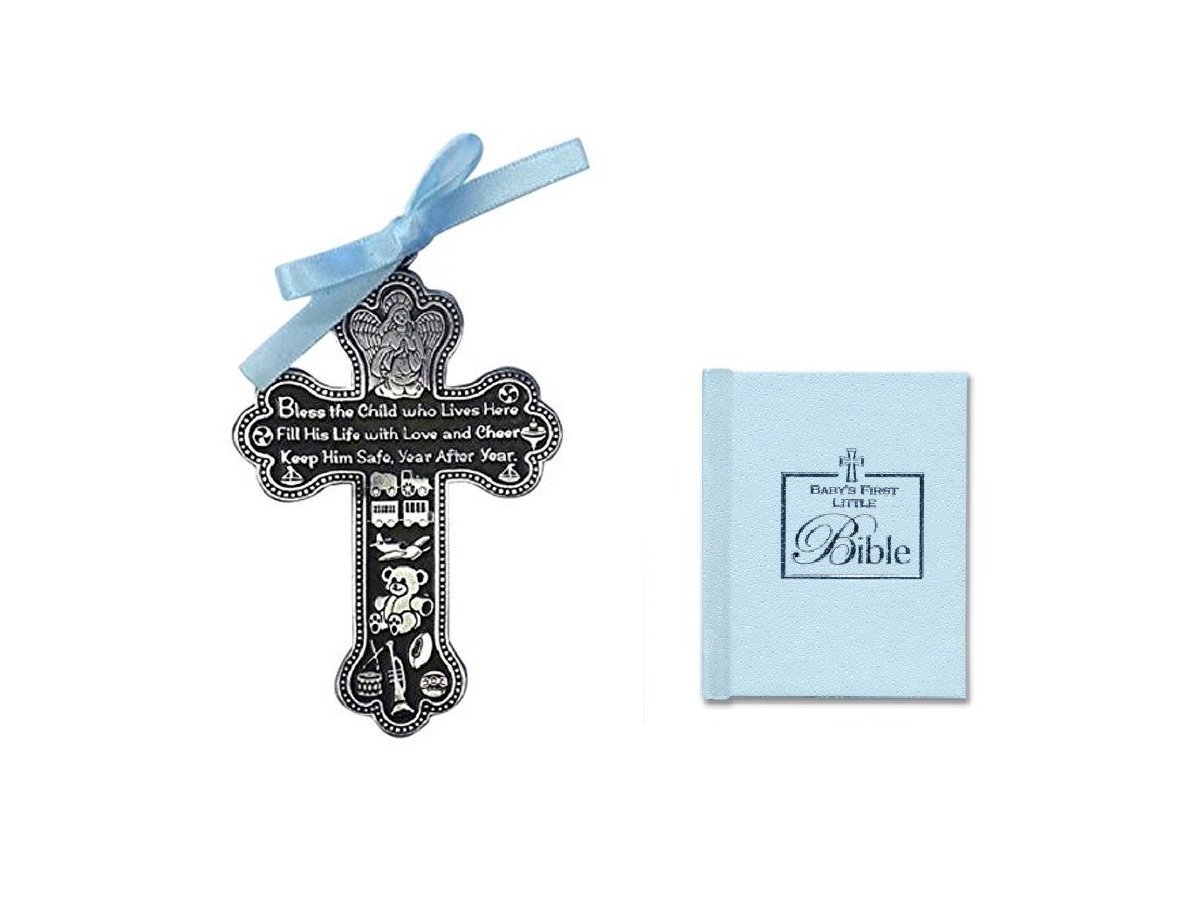 Baby Boy's First Little Bible & Crib Cross Gift Set - Bless This Child - Baptism Christening Boxed Blue Ribbon