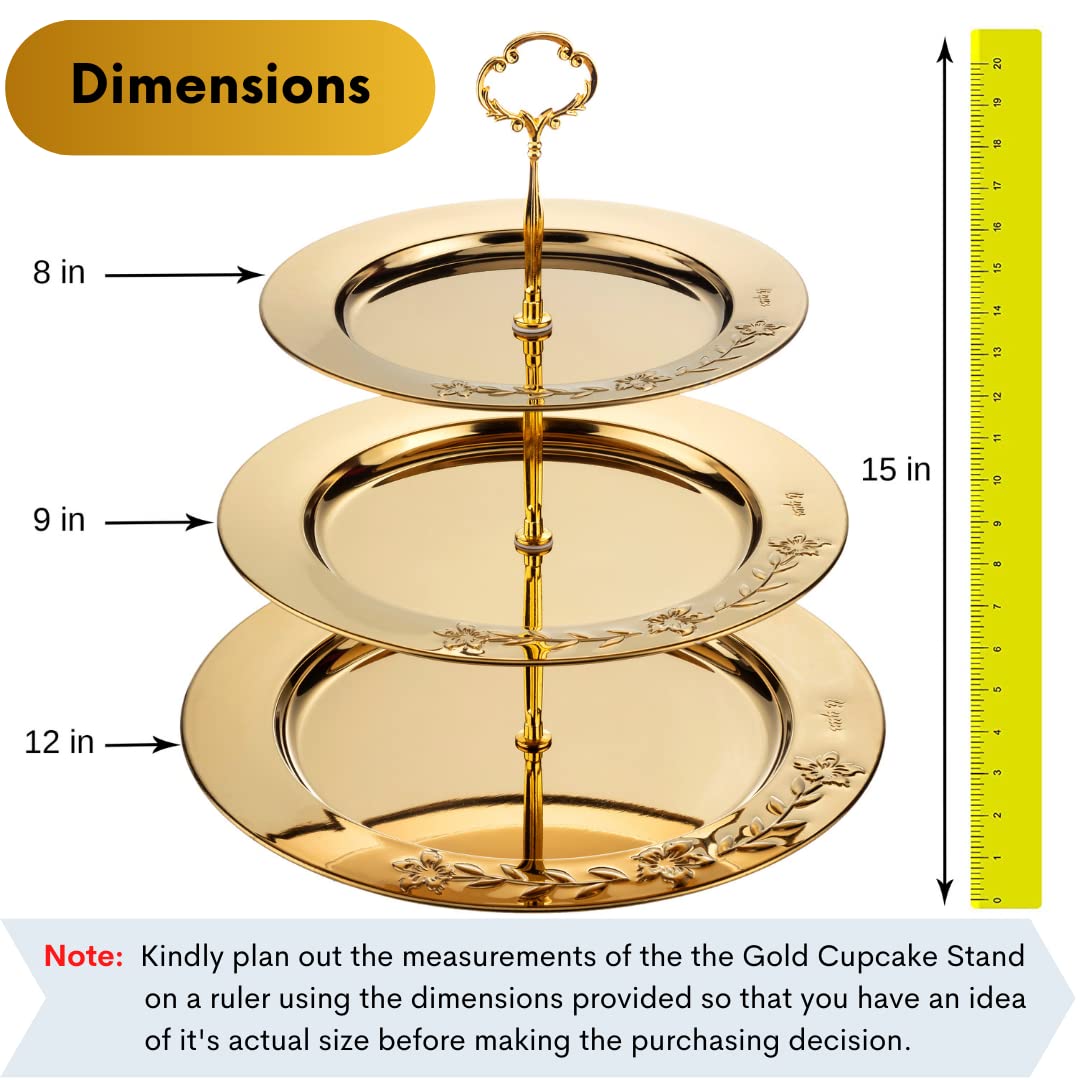 AKSHITHAA Large Food Grade Stainless Steel Three Tier Gold Cupcake Stand-Gold Dessert Stand-Gold Serving Tray-Three Tiered Gold Cake Stand for Weddings with Extra Gold Cake Server, Dishwasher Safe