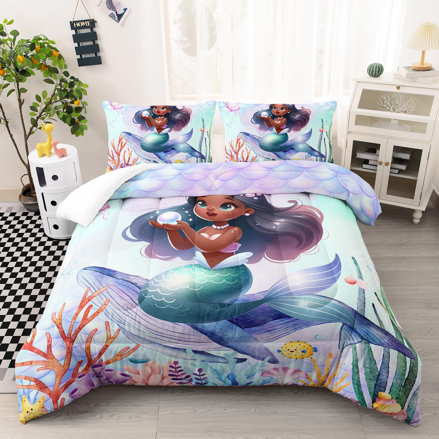 AILONEN Little Black Girl Mermaid Comforter Set Full Size, Kawaii Mermaid with Dolphin Bedding Set for Kids Girl,Ocean Theme Duvet Set,1 Quilt Set and 2 Pillowcases,3PCS