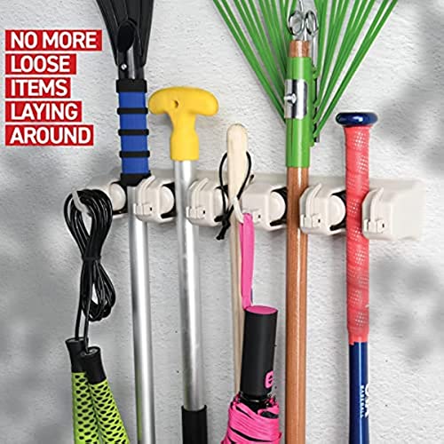 ABHYA Household Mop and Broom Holder, Storage Rack, 5 Positions, 6 Hooks Garage Storage Holds 11 Tools, Broom Holder Storage Solution, Storage System Broom Organizer.