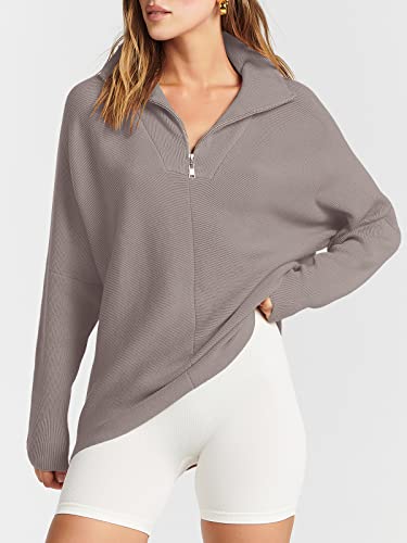 ANRABESS Women's Oversized Half Zip Sweaters 2023 Fall Quarter Zip V Neck Collared Long Batwing Sleeve Casual Loose Baggy Slouchy High Low Hem Knit Wram Tunic Sweater Winter Trendy 758hongxing-M