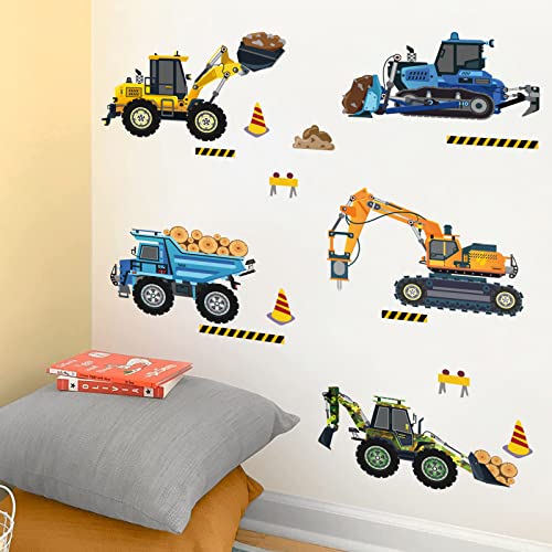 decalmile Construction Vehicles Wall Stickers Trucks Excavator Tractor Wall Decals Kids Bedroom Boys Room Playroom Wall Decor
