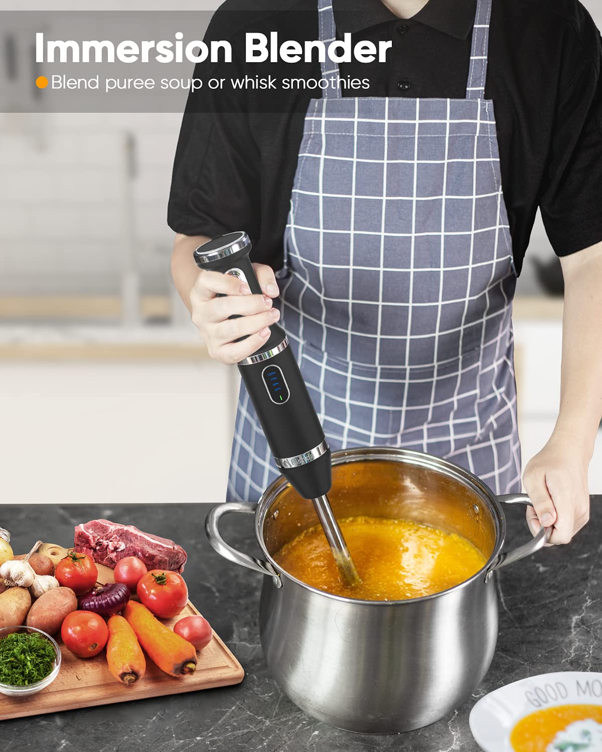 Cordless Hand Blender,Immersion Multi-Functional Hand Blender,4-In-1 Variable Speed Rechargeable,with Beaker,Food Chopper,Egg Whisk,for Baby Food, Smoothies, Sauces-Black