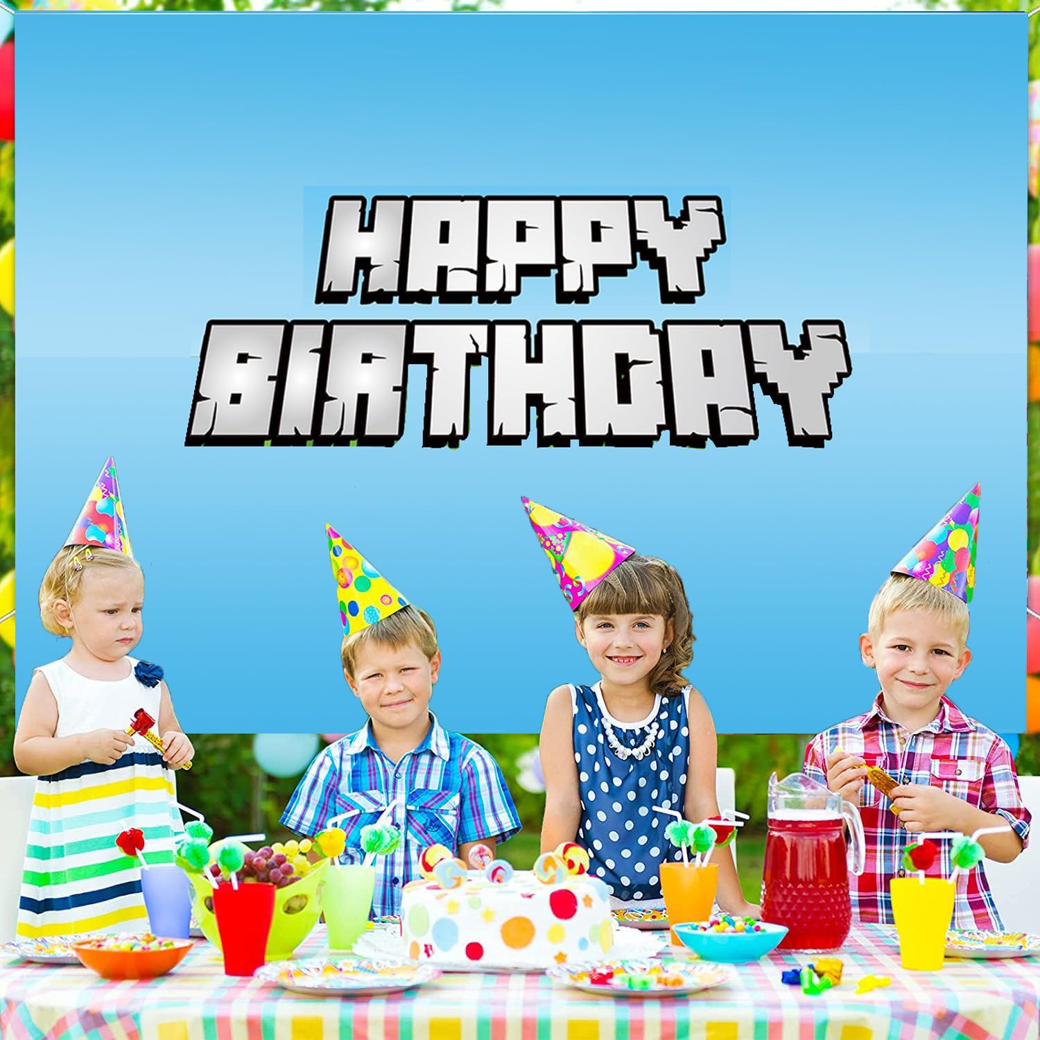7x5ft Polyester Pixel Happy Birthday Backdrop Game Party Supplies Mining Dirt Block Banner for Kids Boys Room Decor Photograph Props…