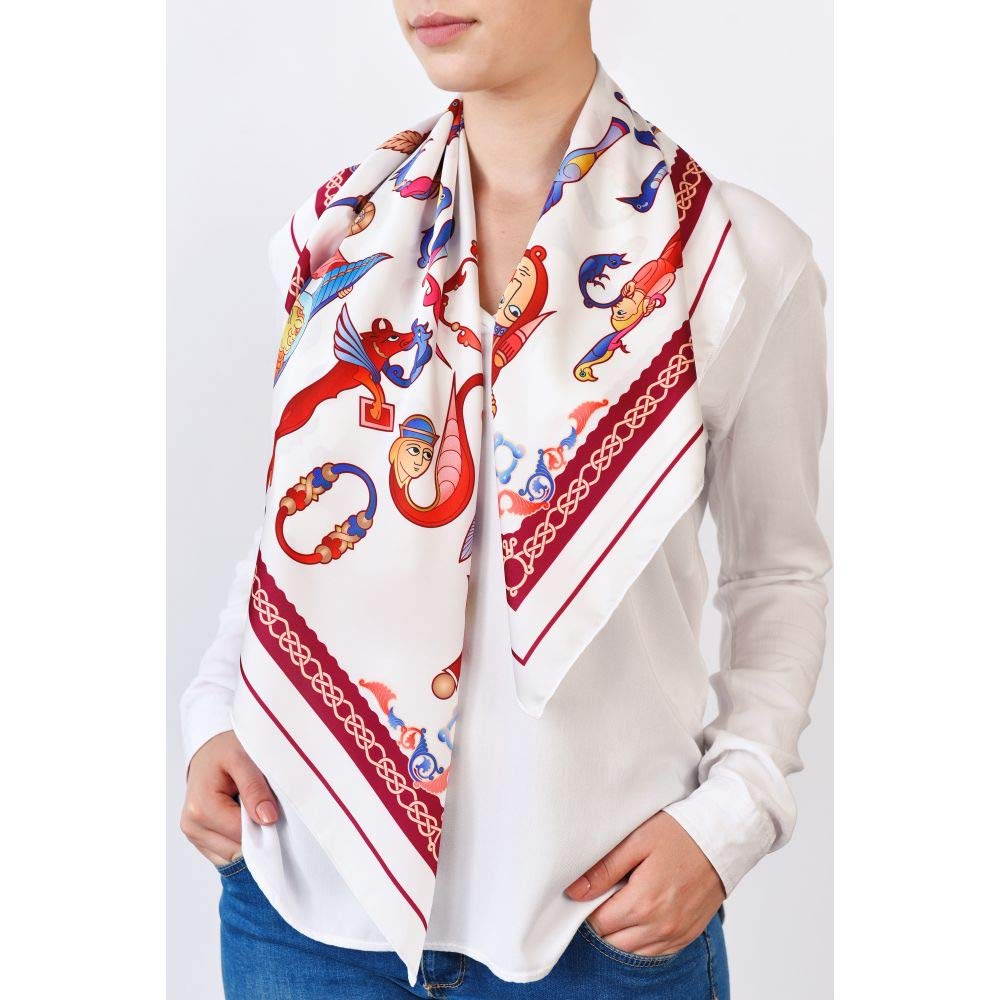 AYB Armenian Alphabet Scarf - Handmade Armenian Scarf by Moreni (White/Wine)