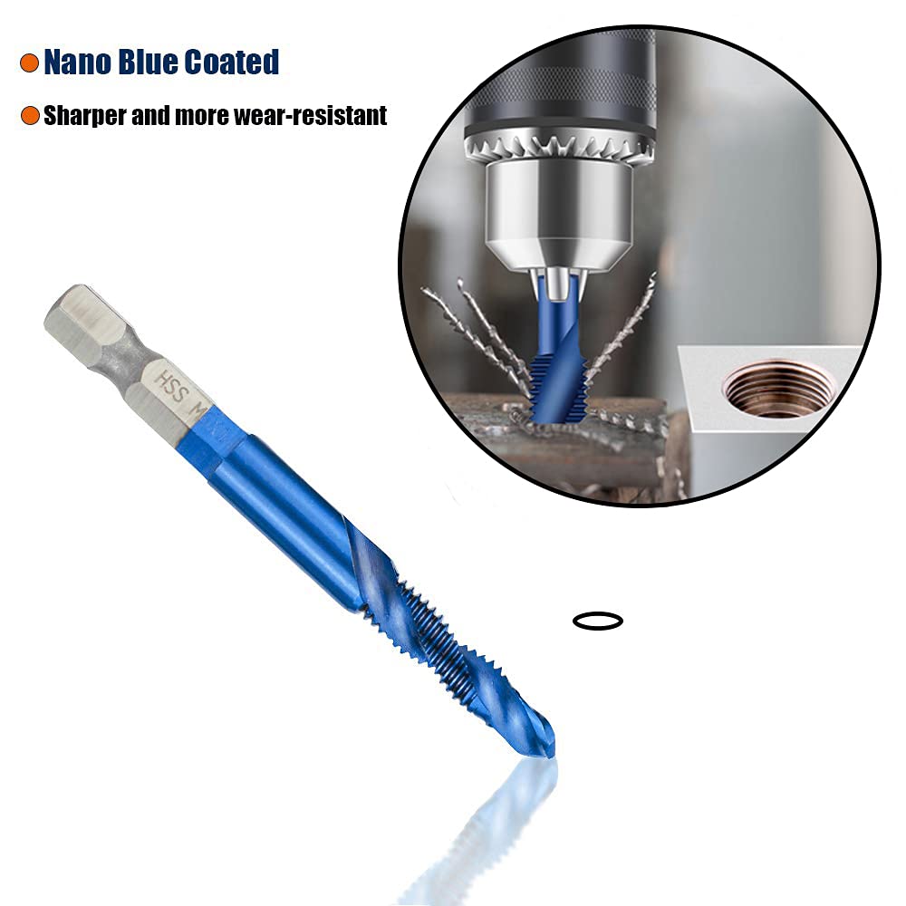 6 Packs Combination Drill & Taps Bit Set, Screw Tapping in 6 Sizes Metric Thread M3 M4 M5 M6 M8 M10 with Nano Blue Coating, Hex Shank