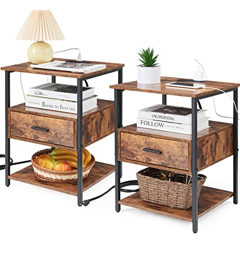Anrigeail Nightstand Set of 2 with Charging Station, Bedside Tables with Storage Shelf & Drawer, End Table with 2 USB Ports and 2 Outlets, Night Stand for Bedroom, Living Room, Brown