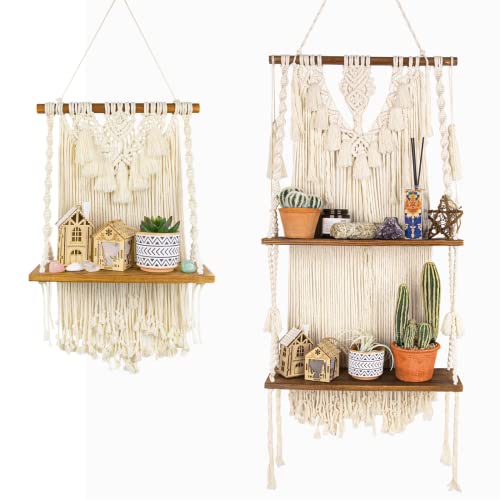 ANROYE 1 TierAND 2 Tier Macrame Boho Wall Hanging Shelf, Handmade Bohemian Wooden Woven Plants Floating Shelves Decor, Mini Chic Rope Crystal Holder Organizer