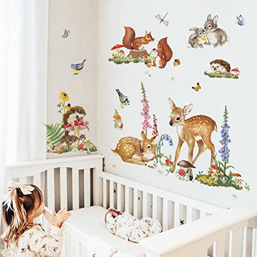 decalmile Woodland Animal Wall Decals Deer Rabbit Squirrel Wall Stickers Kids Bedroom Baby Nursery Wall Decor