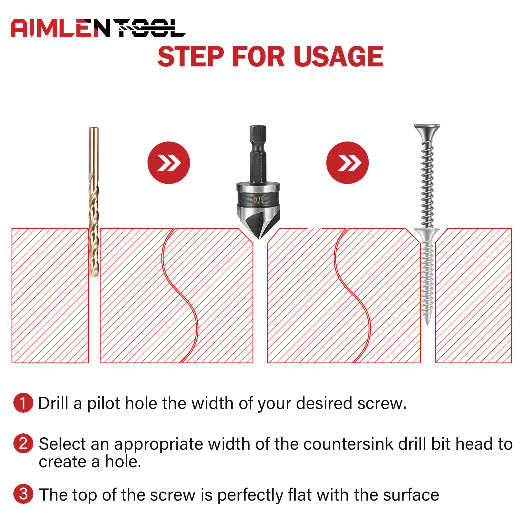 AIMLENTOOL 5 Pcs Countersink Drill Bit Set, 82 Degree 5 Flute High-Speed Steel Countersink Drill Bit with 1/4” Hex Shank, 1/4" to 3/4" Size for Machinable Metals, Wood, Carbon Steel, in Aluminum Case