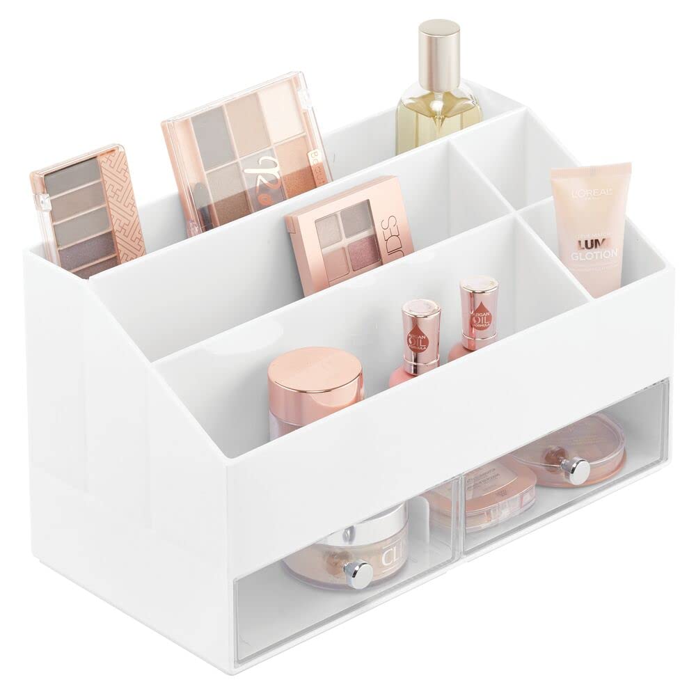 mDesign Plastic Makeup Storage Organizer with 2 Drawers and 5 Divided Sections for Bathroom, Vanity, Cabinet, Countertops - Storage for Cosmetics, Brushes, Blush - Lumiere Collection - White/Clear