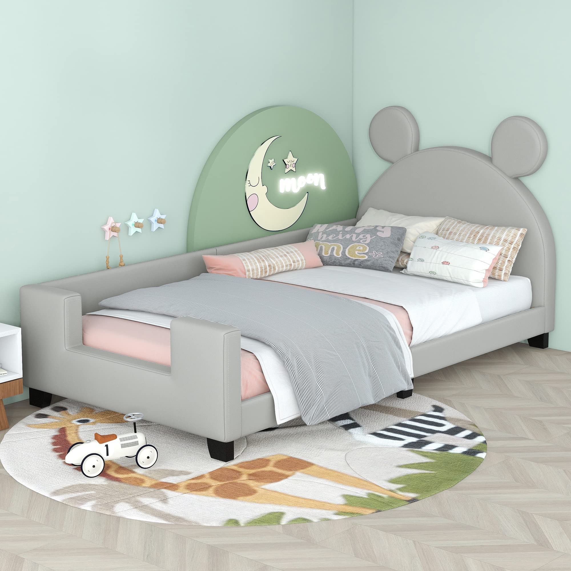 Bellemave Twin Upholstered Daybed with Carton Ears Shaped Headboard, Low Platform Bed Frame with Rails for Kids Girls Boys Teens, Gray