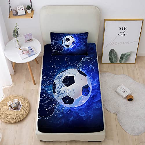 F-CHU Soccer Fitted Sheet Set for Teens and Boys 3D Soccer Pattern Bed Sheet for Kids Soccer Bedding Set 1 Fitted Sheet with 1 Pillowcases (Twin Size)