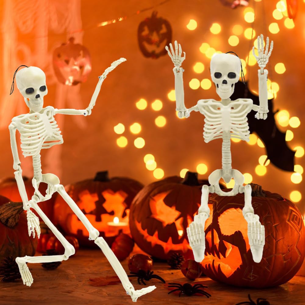4 Packs Posable Halloween Skeleton, Full Body Skeleton Decoration Movable Posable Joints Skeletons, Scary Plastic Skeleton Halloween Skull Decor for Yard Garden Lawn Haunted House Graveyard Props