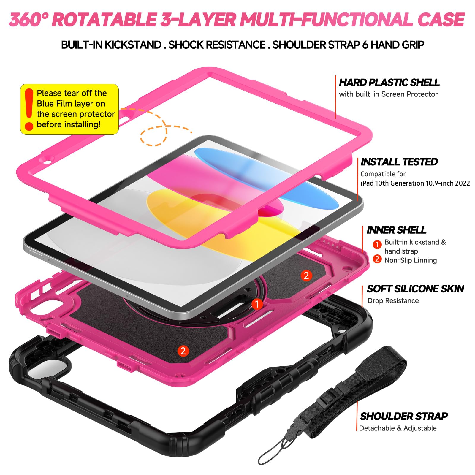 SIBEITU Case for iPad 10th Generation 10.9 inch 2022 with Screen Protector Pencil Holder, 3 Layer Shockproof Rugged Protective Case for iPad 10th Gen A2757/A2777 w/Kickstand & Shoulder Strap, Rose