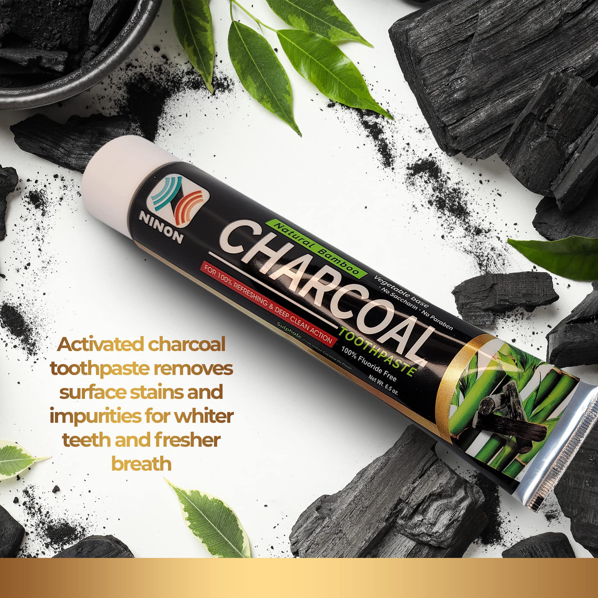Activated Charcoal Toothpaste 2 pack (6.5oz each) 100% Deep Cleansing Natural Toothpaste, Organic Paste eliminates bad mouth odor Keeping it Refreshing, Natural Whitening Toothpaste, Fluoride Free and Paraben Free, Vegan