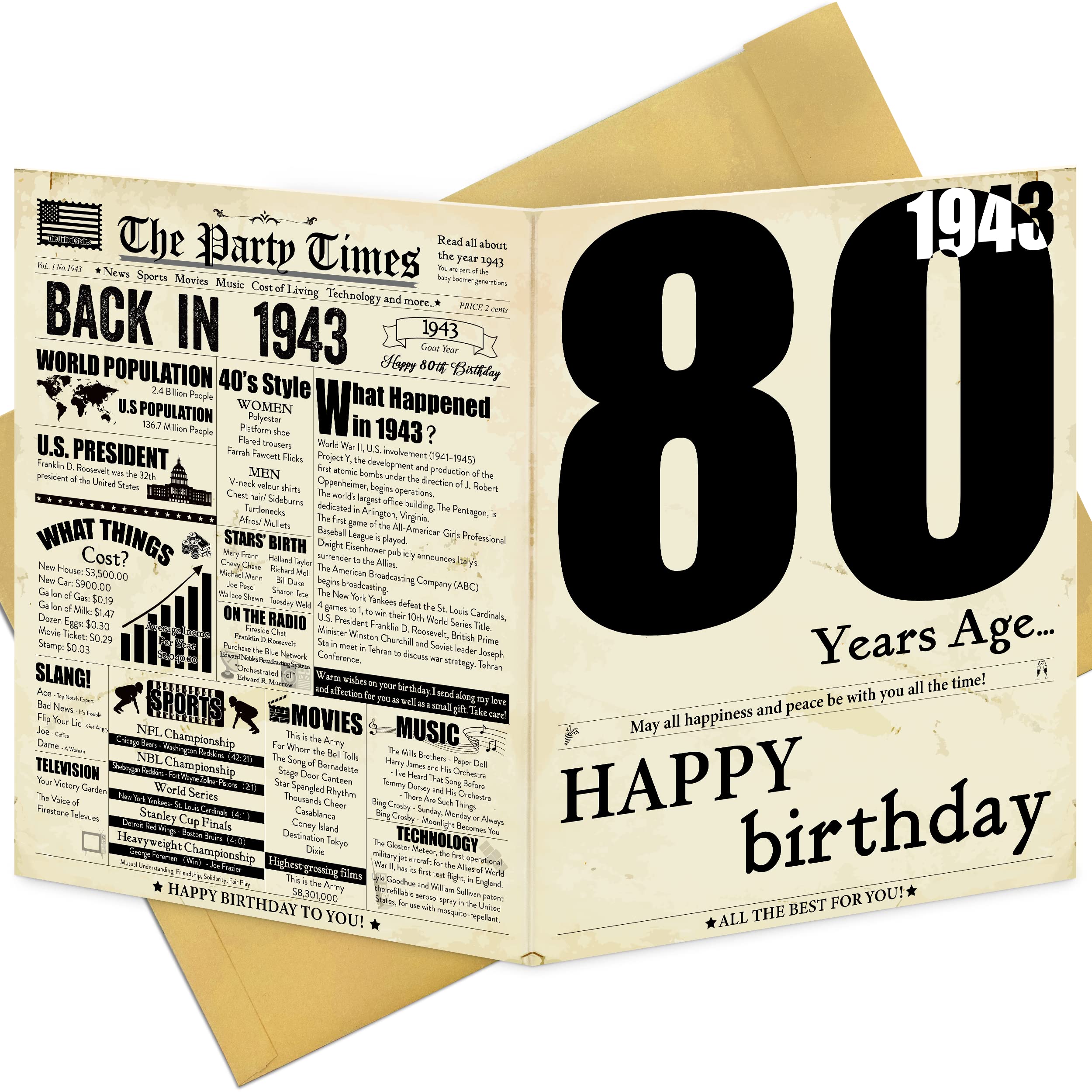 algpty Vintage Large 80th Birthday Card, 80th Birthday Gift for Men Women, 80th Birthday Decorations, 80th 1943 Birthday Gifts Ideas for Dad Mom, Jumbo 80 Year Old Greeting Card for Wife and Husband