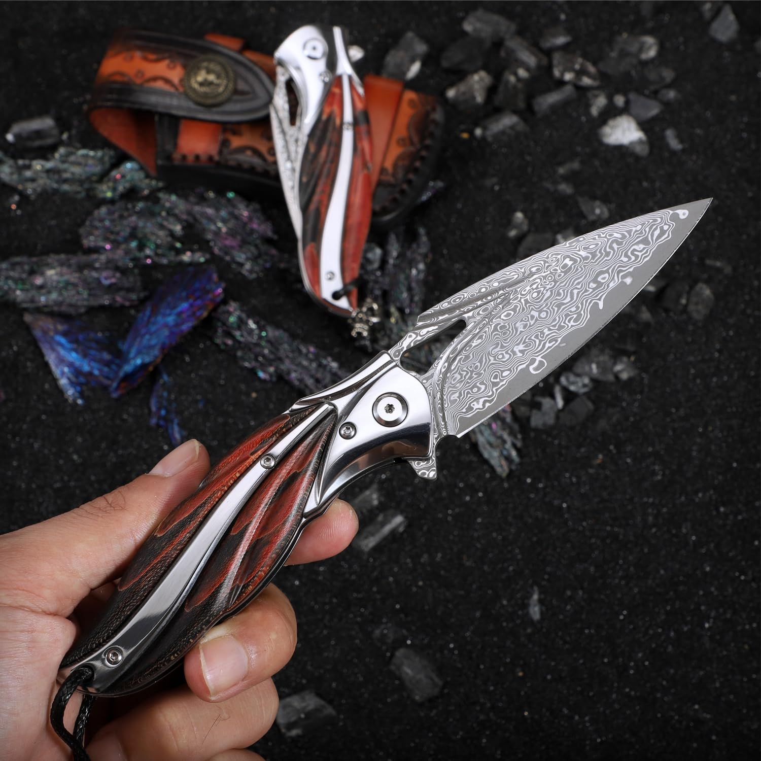 ALVELY Handmade Japanese VG10 Damascus steel Folding Pocket Knife，With leather case，Liner Lock，3.1in high hardness blade，Wooden Handle，men's folding knife hiking trip EDC tool Knife