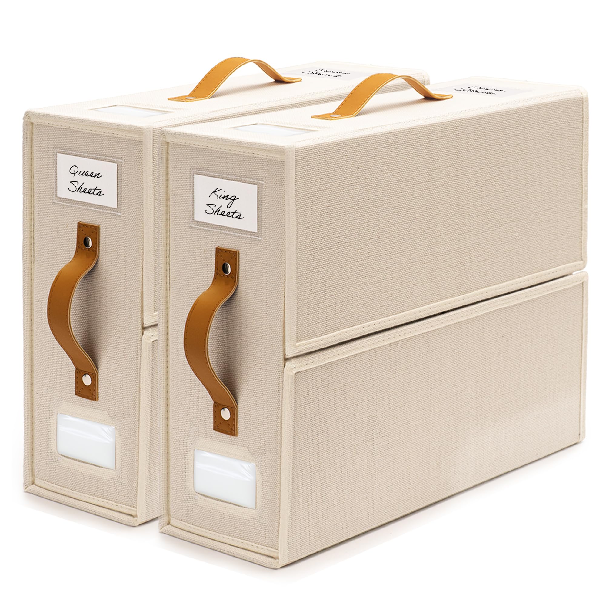 HappyHedz Sheet Organizers and Storage Bags for Bed Sheets, Linen, Blankets, Bedding - Under Bed or Closet Storage Boxes with Dual Handles and Organization Labels - (Beige, 2-pack)