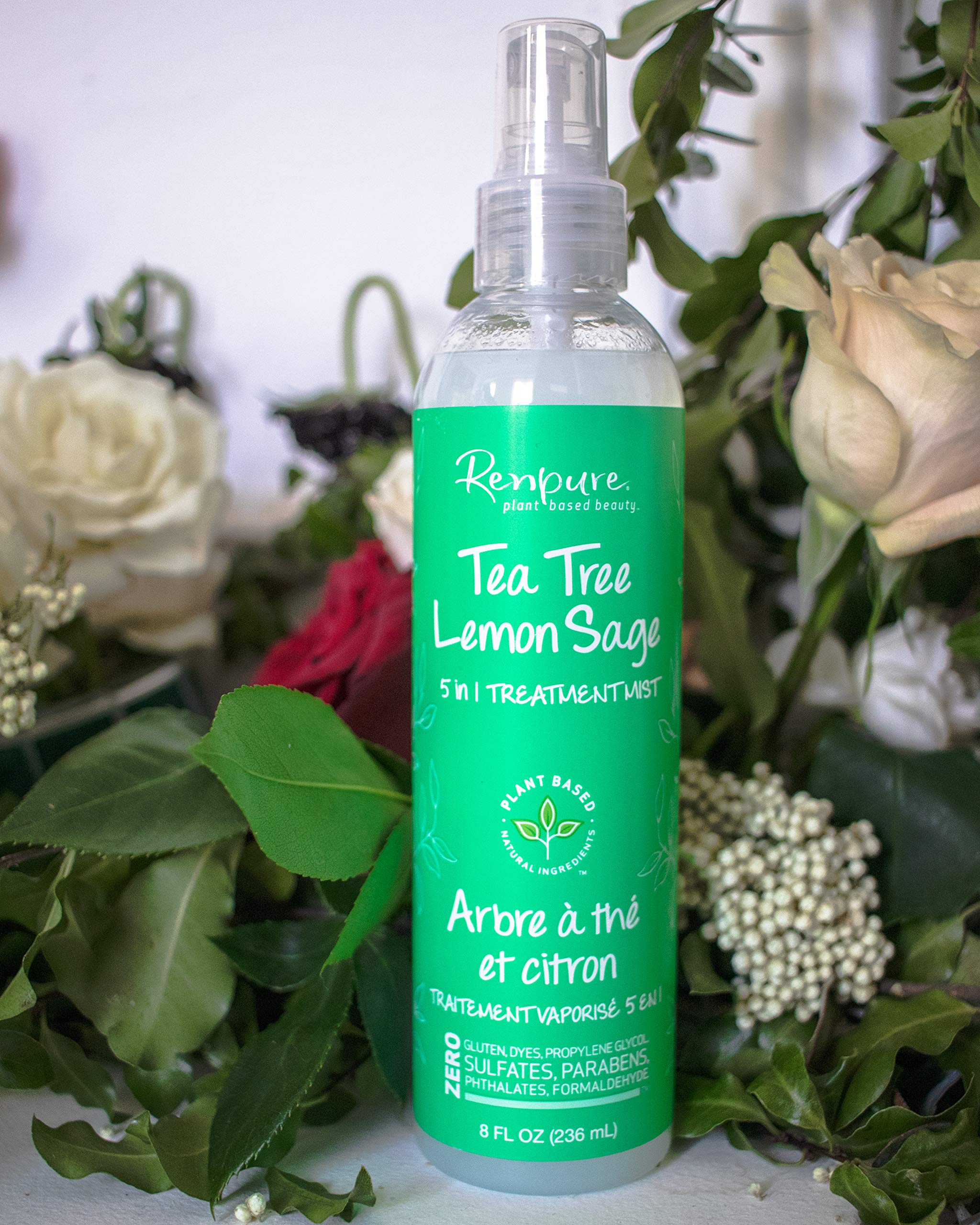 RENPURE Plant Based Beauty Sage 5 in 1 Leavein Treatment Mist, Lemon,Tea Tree, 8 Fl Oz