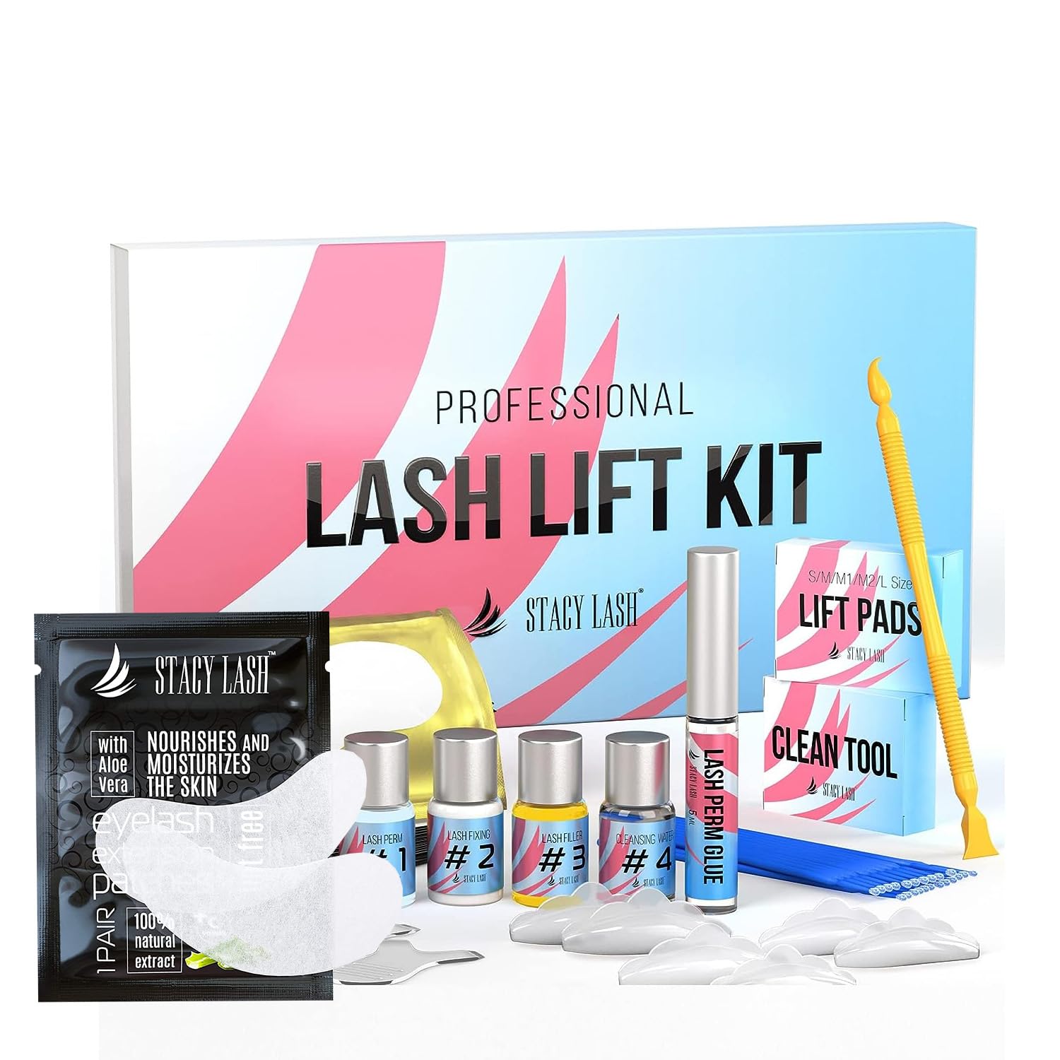 Stacy Lash Lift Kit + 100 Pairs Set Premium Under Eye Gel Pads for Eyelash Extension - Lint Free Patches with Vitamin C and Aloe Vera by Stacy Lash supplies and Beauty tools/Hydrogel Eye Pads