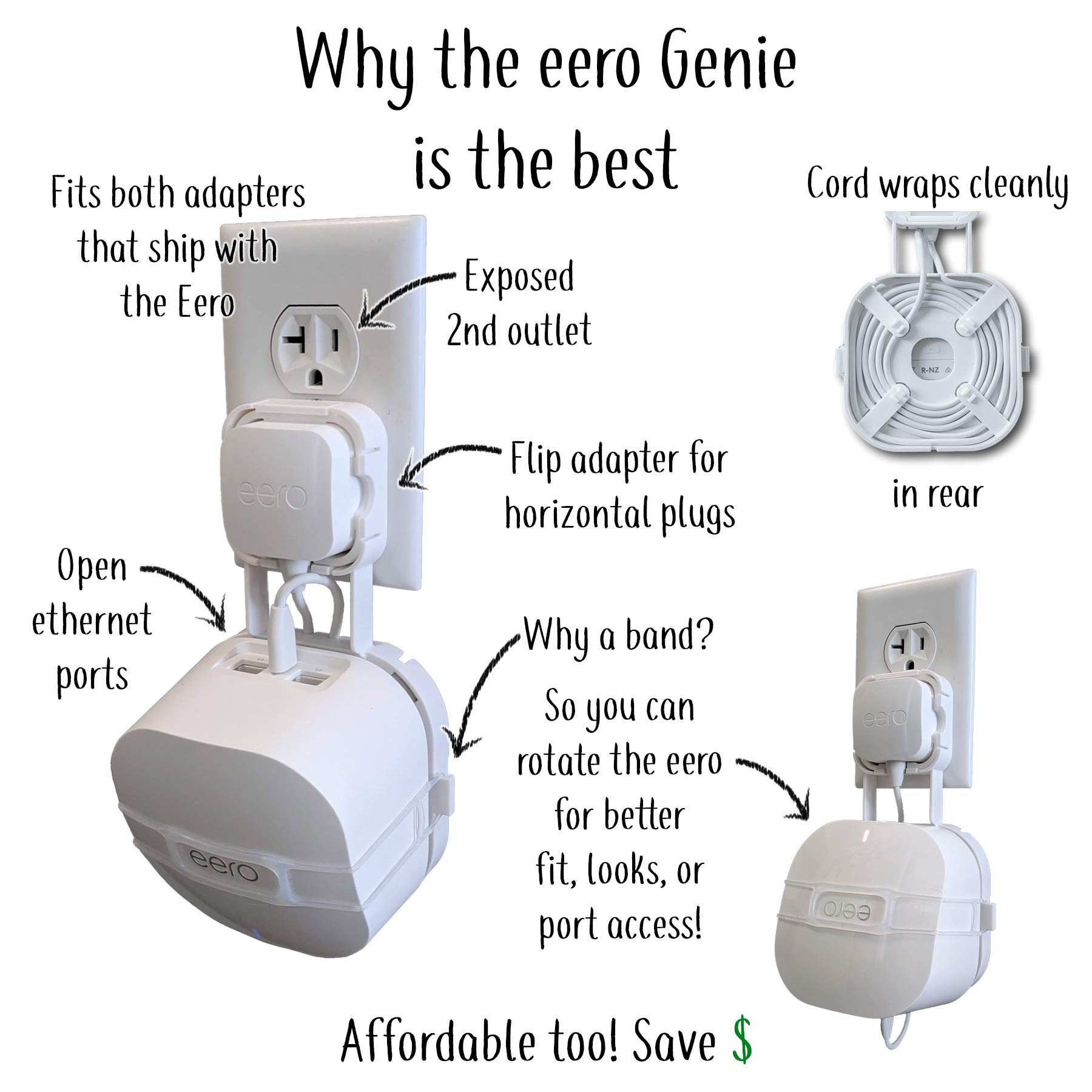 The Eero Genie for eero 6, 6+, and Mesh Wi-Fi: Wall Mount Outlet Holder Stand | Lowest Profile | Open Access | Multiple Install Options | Horizontal Outlets | Design Winner! (1-Pack)