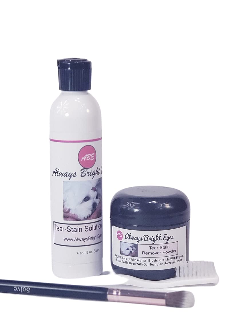 Always Bright Eyes - Tear Stain Remover for Dogs - Complete Set. All Natural, Safe & Effective for All Light Coated Breeds, Set Includes 4 Oz./118ml. Liquid, 2 Oz./56.7g Powder