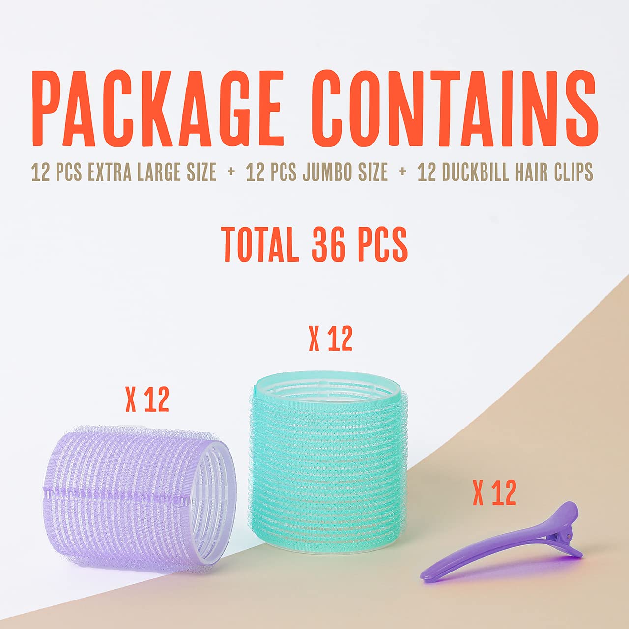 myHomeBody Self Grip Extra Large and Jumbo Hair Rollers with Clips | Hair Rollers for Long Hair | 36 pcs Set - 24 Rollers & 12 Duckbill Clips – Violet & Mint