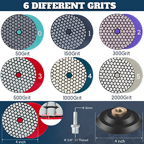 7 Packs Dry Diamond Polishing Pads 4 Inch with 5/8β-11 Rubber Backer Pad 6PCS Dry Polish Pad Kit 50-2000 Grit for Drill Grinder Polisher Granite Marble Concrete Stone Countertop Quartz Polishing