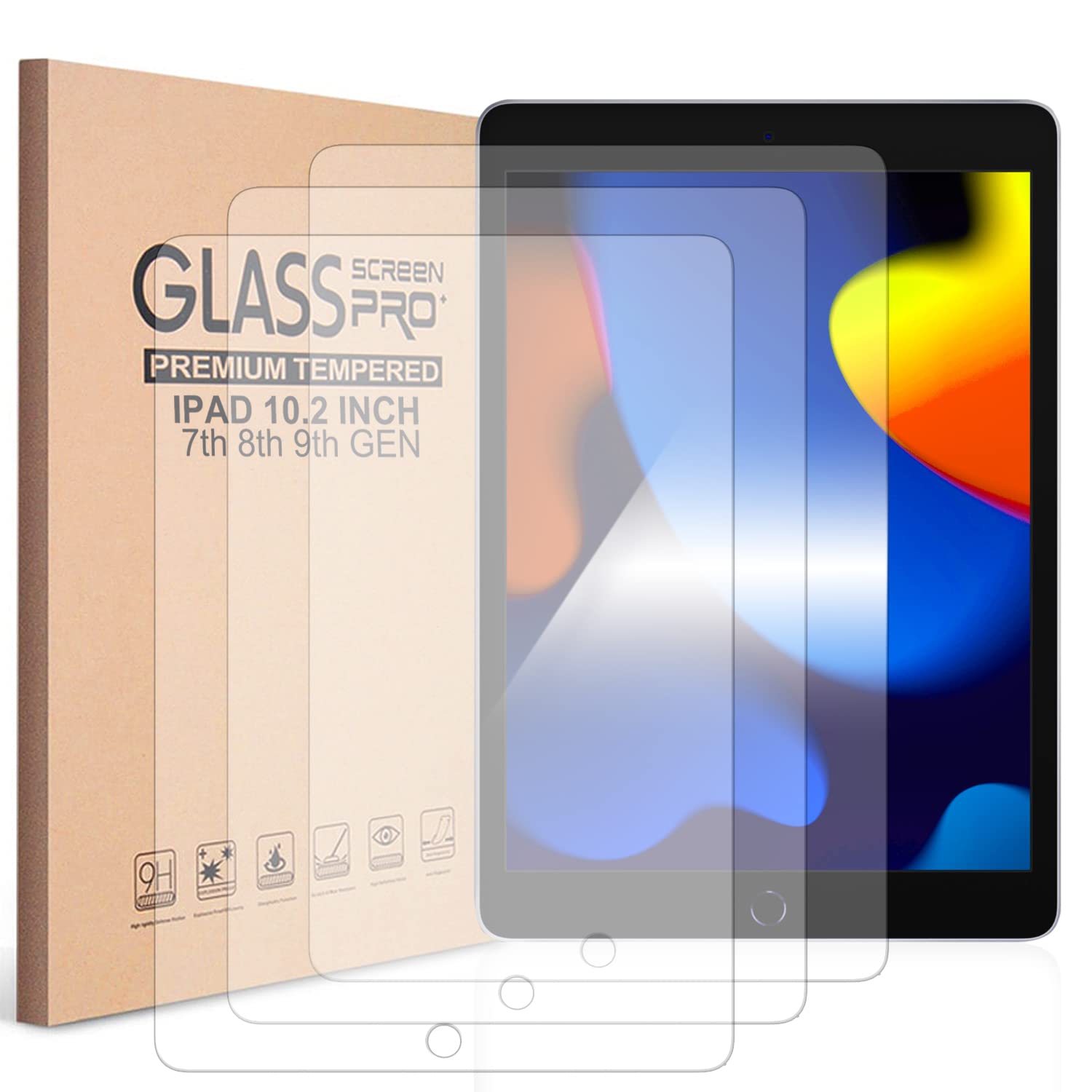 KIQ 3 Pack Tempered Glass for iPad 10.2 Screen Protector iPad 9th Generation Screen Protector Compatible 9th 8th 7th Generation (10.2 Inch ipad Screen Protector 9/8/7 gen 2021 2020 2019)