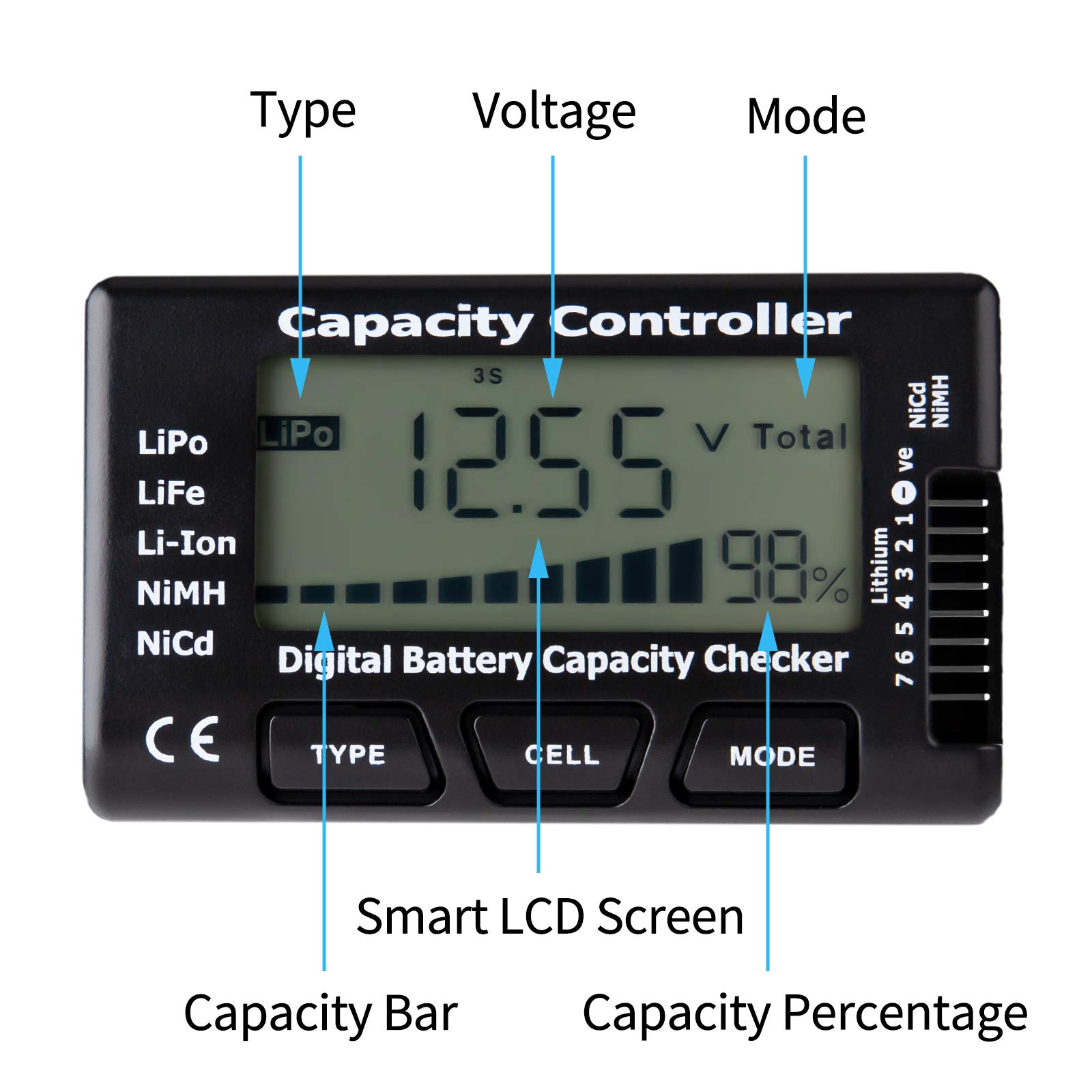 Digital Battery Capacity Tester, Battery Capacity Voltage Checker Controller Tester with LCD for LiPo Life Li-ion NiMH Battery