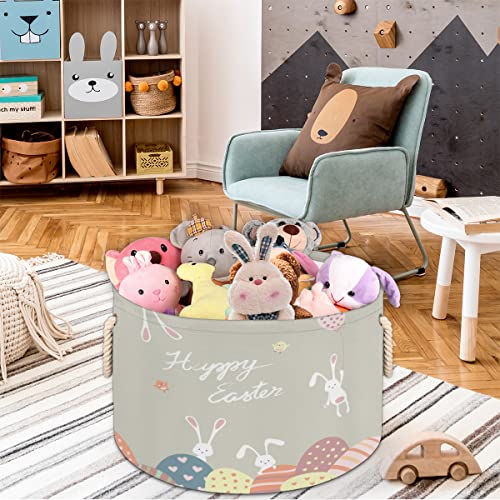 Happy Easter Egg And Rabbit Large Round Baskets for Storage Laundry Baskets with Handles Blanket Storage Basket for Bathroom Shelves Bins for Organizing Nursery Hamper Girl Boy