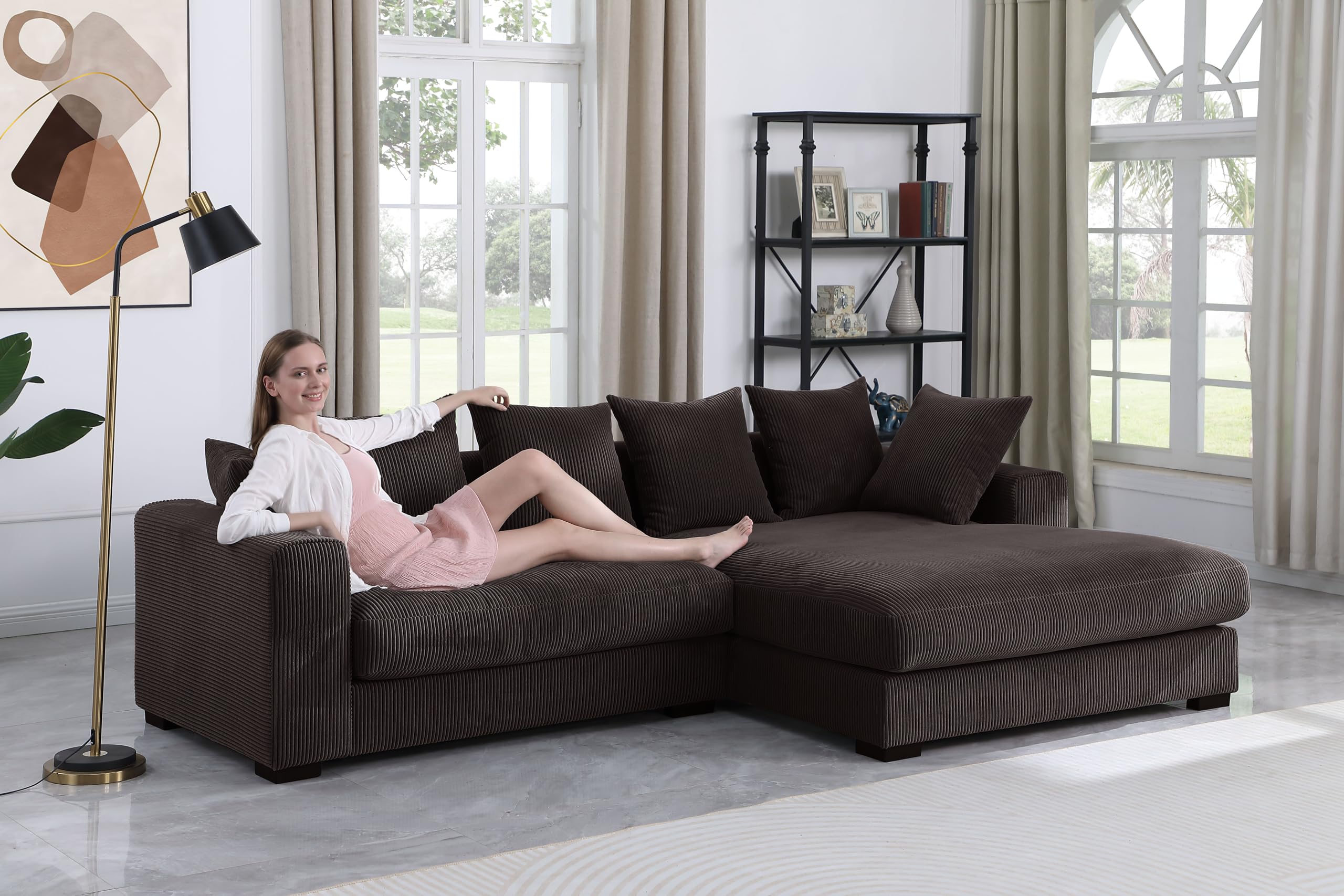 Acosure 110" Modern L-shaped Sectional Sofa with Big Chaise,Upholstered Sleeper Couch W/ 6 Throw Pillows & Generously Armrests,Easy Assembly,Spacious Loveseat for Living Room Apartment Home,Dark Brown