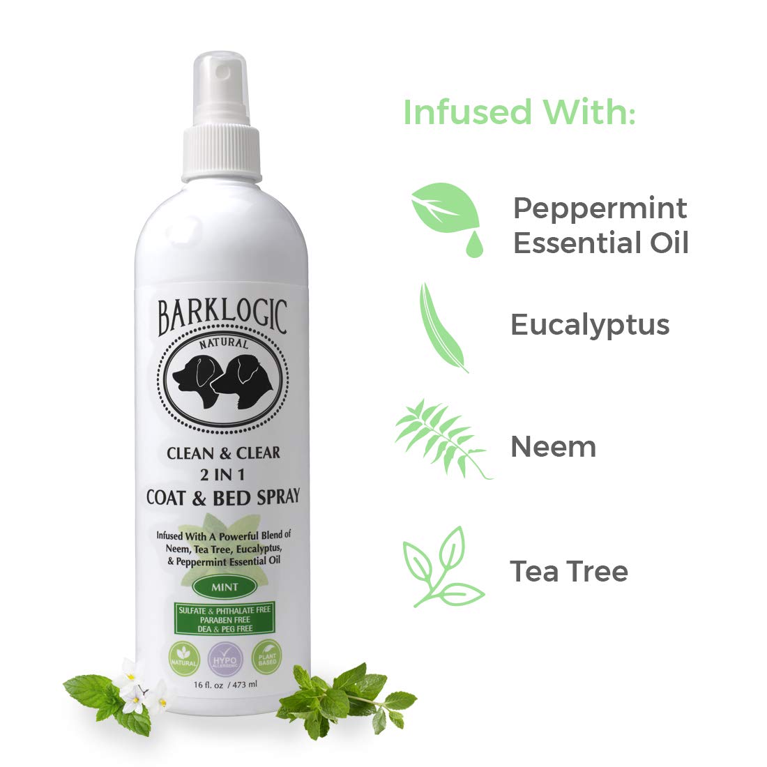 BarkLogic - 2in1 Dog/Puppy Coat & Bed Spray - Sensitive Skin - Safe - Infused with Essential Oils - Refreshing Naturally Derived Scent - Spray on Pets & Household Items - Made in USA - 16 oz - Mint