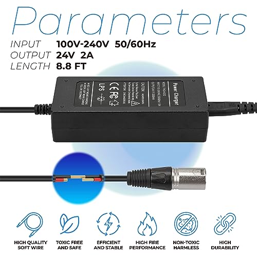 ANTOBLE 24V 2A Scooter Charger Compatible with Pride Mobility Go-Go Elite Ezip Jazzy Power Chair XLR Electric Scooter Battery Charger for Pride Mobility Scooter Parts Power Supply Adapter Replacement