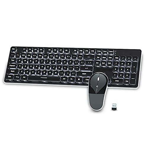 Rechargeable 2.4G Wireless Keyboard and Mouse Combo, Luminous Mute Keyboard Mouse for Office Gaming Laptop PC Home Use (Black with White Light)